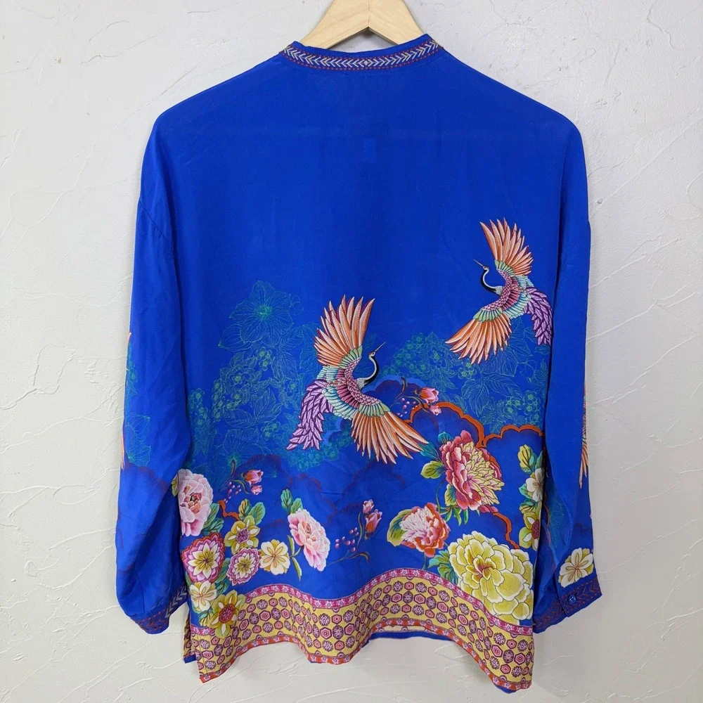 Johnny Was | Tops | Johnny Was Silk Blouse Floral Crane Print Womens ...